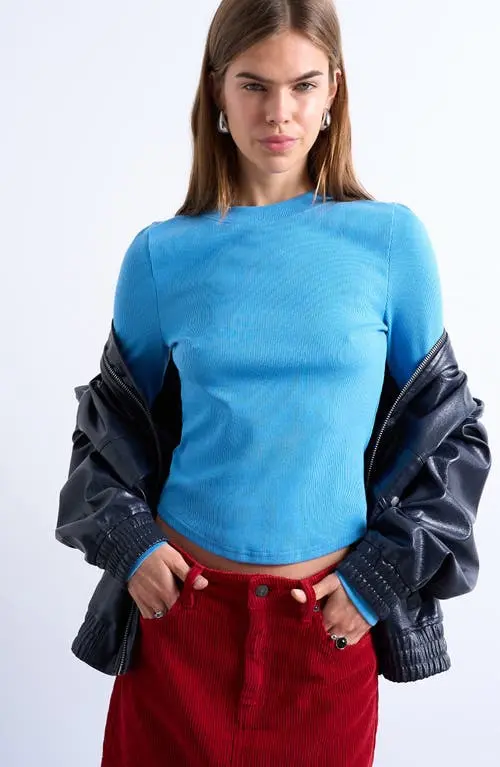 Topshop Long Sleeve Ribbed Top - Medium Blue