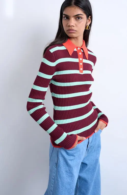 Topshop Stripe Long Sleeve Rib Polo