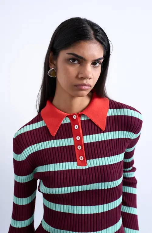 Topshop Stripe Long Sleeve Rib Polo