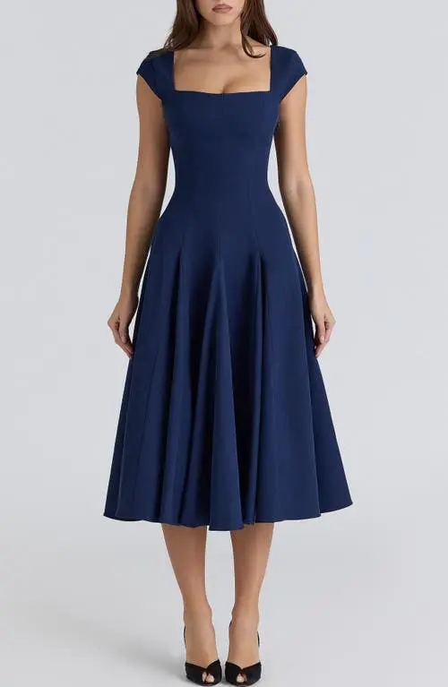 House Of Cb Raisa Square Neck Peached Twill Cocktail Dress - Navy