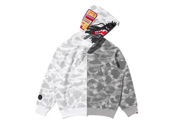 A BATHING APE X Clot Camo Split Shark Relaxed Fit Full Zip Hoodie - Gray
