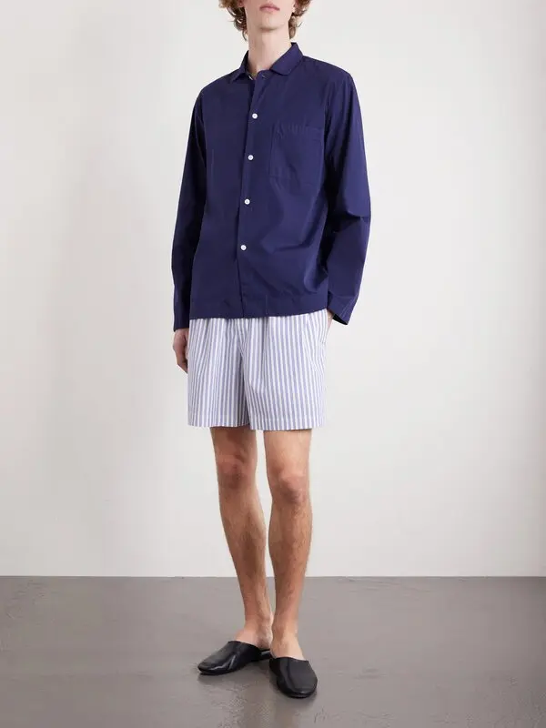 TEKLA Straight-leg Striped Organic Cotton-poplin Shorts - Blue