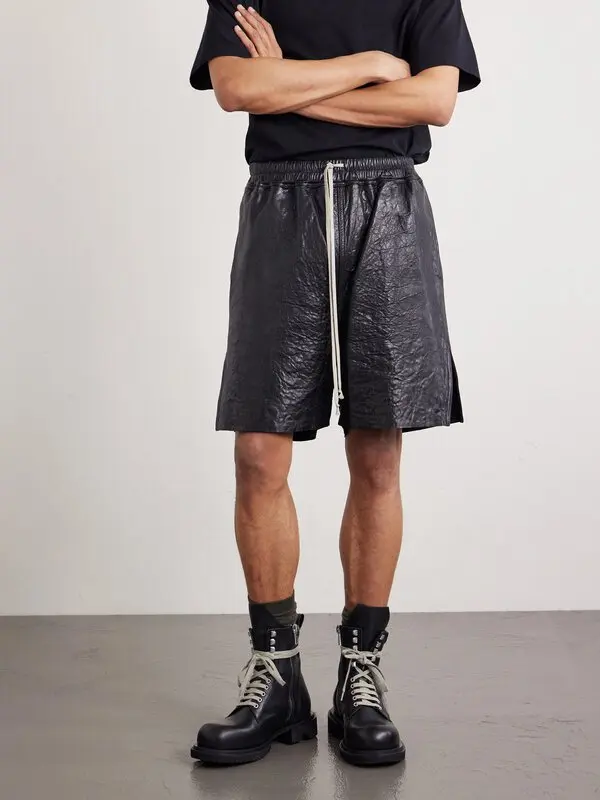 Rick Owens Wide-leg Textured Leather Drawstring Shorts - Black