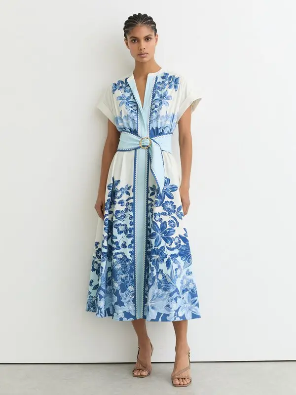 REISS Sawyer Cotton Floral Belted Midi Dress - Blue/ivory