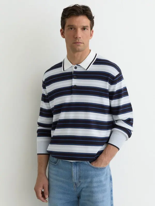 REISS Rugby-stripe Half-button Jumper - Blue Multi