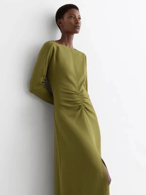 Reiss - Chartreuse Green Ruched Long-Sleeve Midi Dress, 4