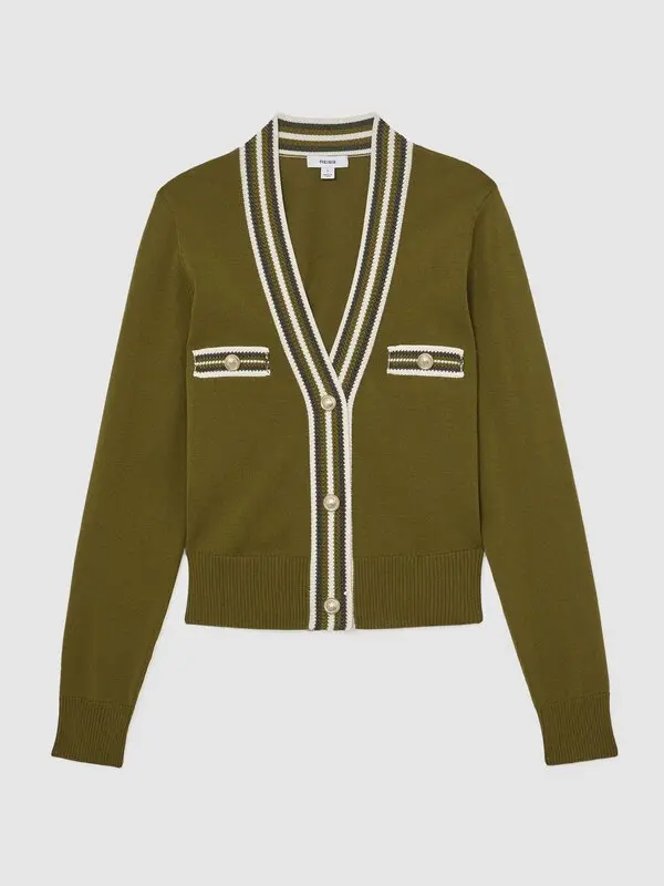 REISS Danni Tipped Button-through Cardigan - Green/ivory