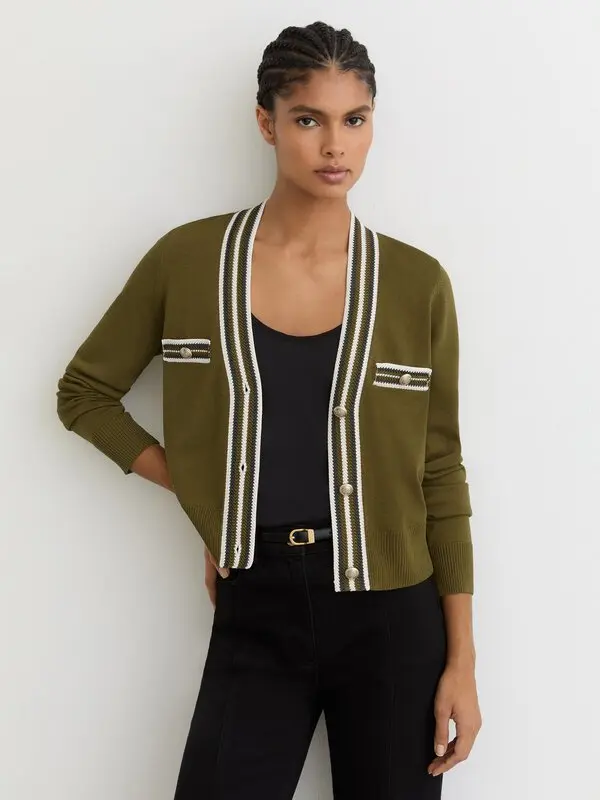 REISS Danni Tipped Button-through Cardigan - Green/ivory