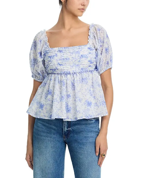 Aqua Floral Puff Sleeve Top