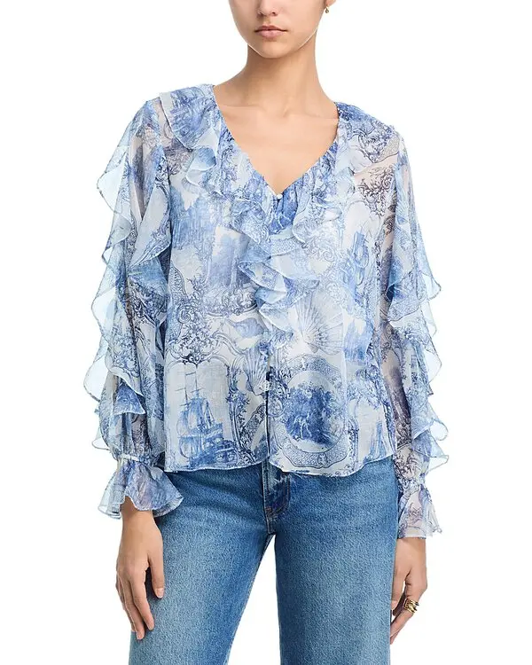Aqua Seashell Toile Ruffle Long Sleeve Top With Camisole