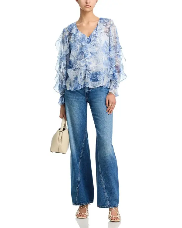 Aqua Seashell Toile Ruffle Long Sleeve Top With Camisole