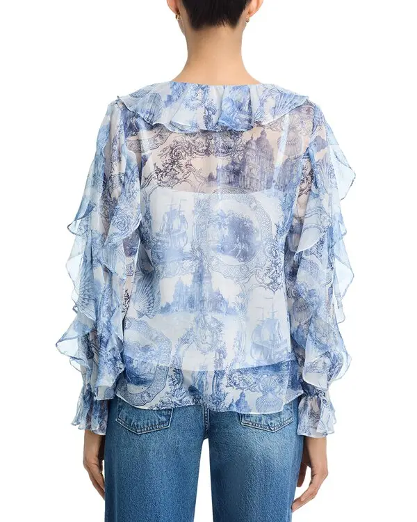 Aqua Seashell Toile Ruffle Long Sleeve Top With Camisole