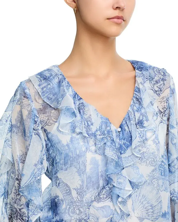 Aqua Seashell Toile Ruffle Long Sleeve Top With Camisole