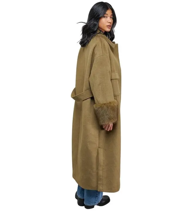 WAREHOUSE Patch Pocket Maxi Coat With Faux Fur Cuffs