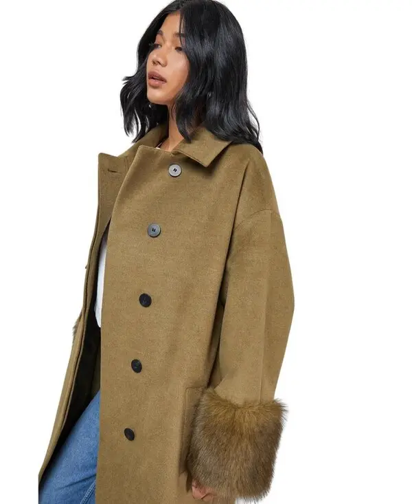 WAREHOUSE Patch Pocket Maxi Coat With Faux Fur Cuffs