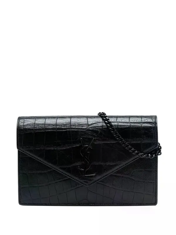 Saint Laurent Croc Embossed Leather Monogram Chain Wallet - Black
