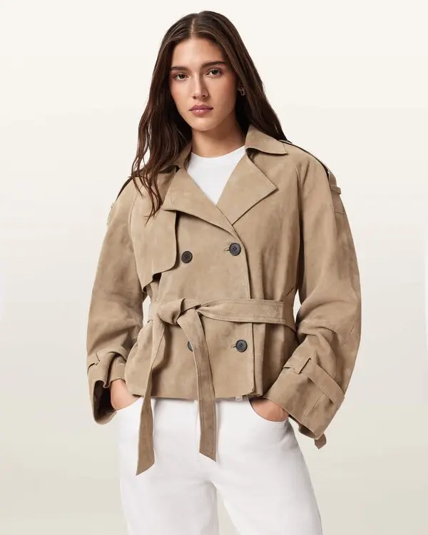 ALLSAINTS Reed Cropped Suede Trench Coat - Brown