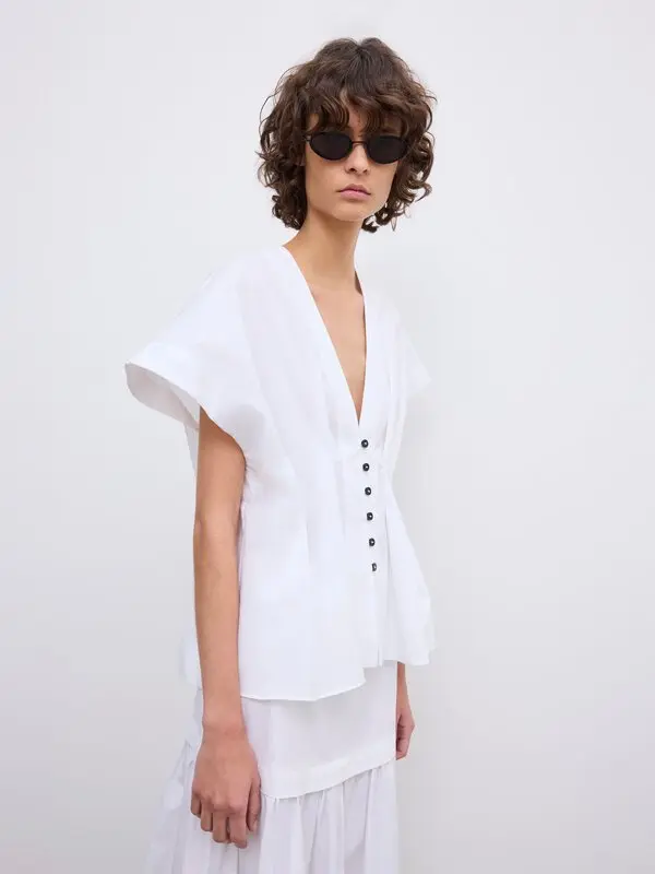 HOUSE OF DAGMAR Pleated V-neck Cap Sleeve Top - White