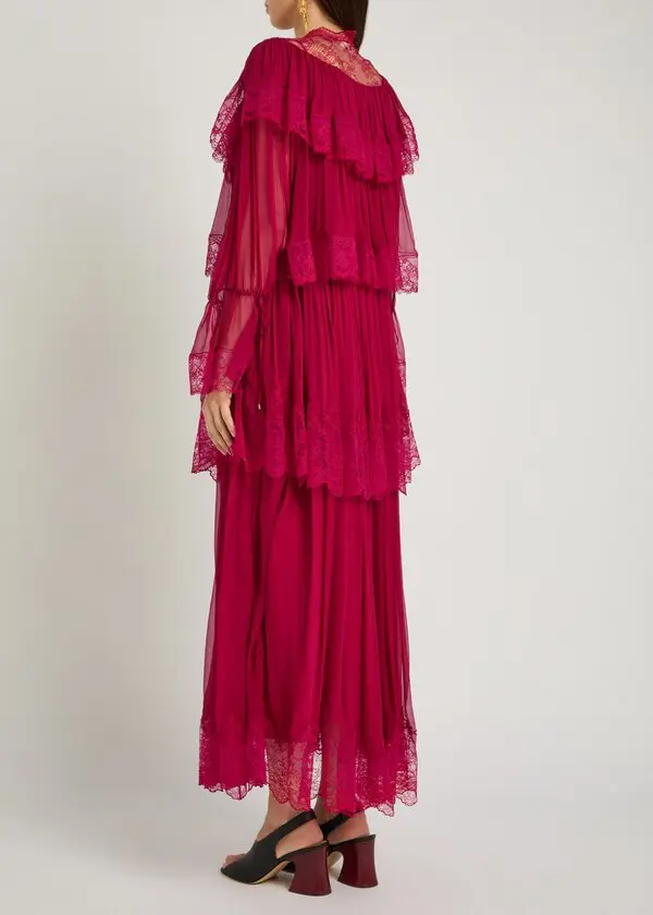 Chloé Ruffled Lace-trim Tiered Silk Maxi Dress - Pink