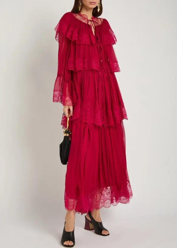 Chloé Ruffled Lace-trim Tiered Silk Maxi Dress - Pink