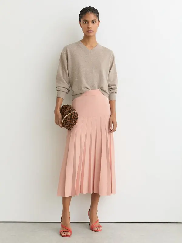 REISS Knitted Stripe Pleated Midi Skirt - Pink