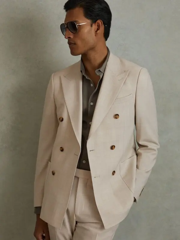 REISS Belmont Tailored Fit Double-breasted Suit Jacket With Wool - Stone