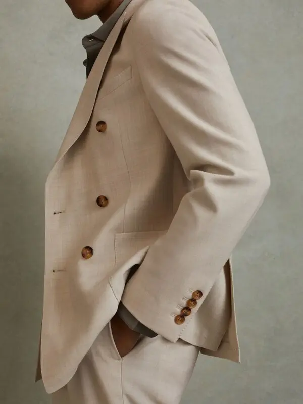 REISS Belmont Tailored Fit Double-breasted Suit Jacket With Wool - Stone