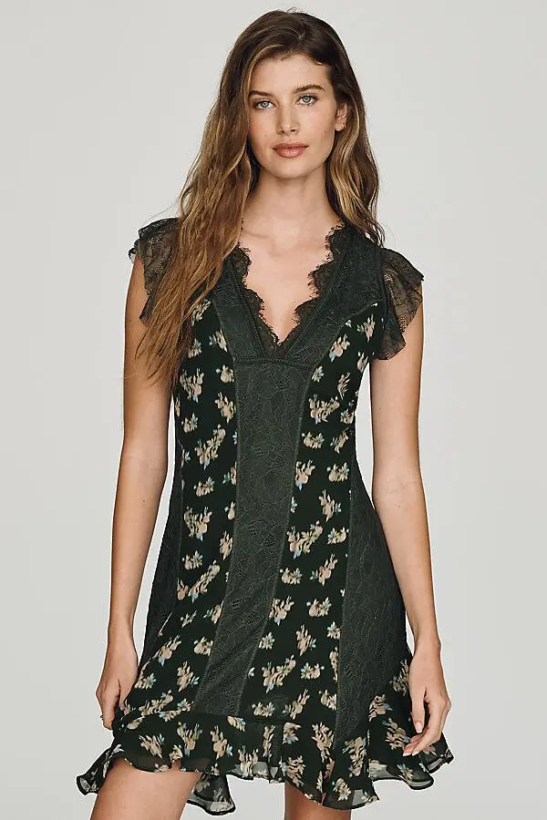 Anthropologie Seamed Flutter Sleeve Dress - Green Pattern