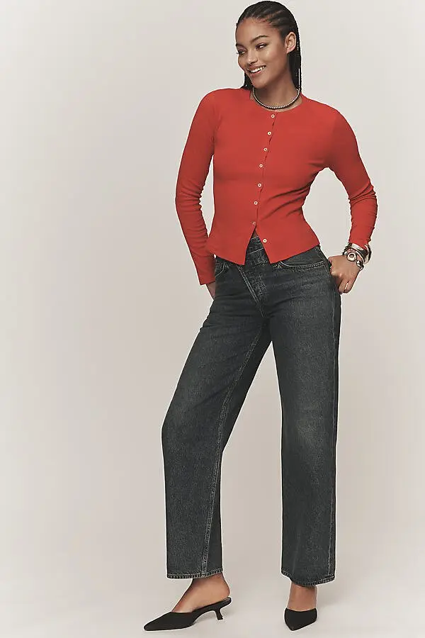 Maeve Cotton Blend Fitted Knit Cardigan Top