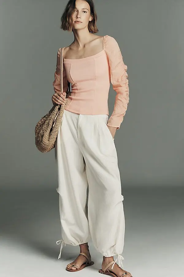 Anthropologie Ruched-sleeve Square-neck Top - Peach