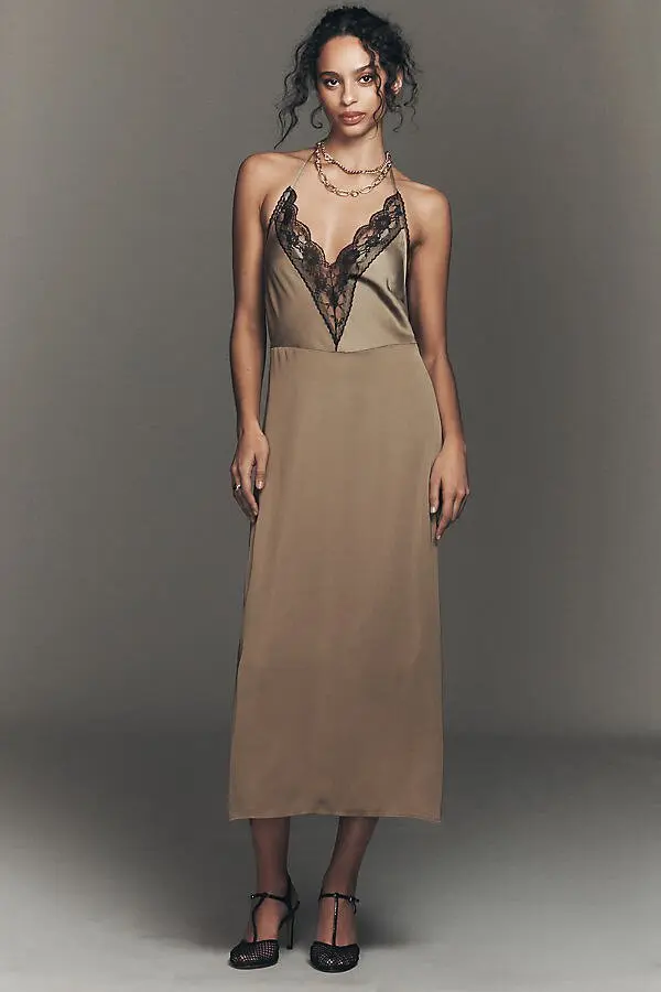 Anthropologie Lace Halter Midi Slip Dress In Taupe - 37% Off | Editorialist