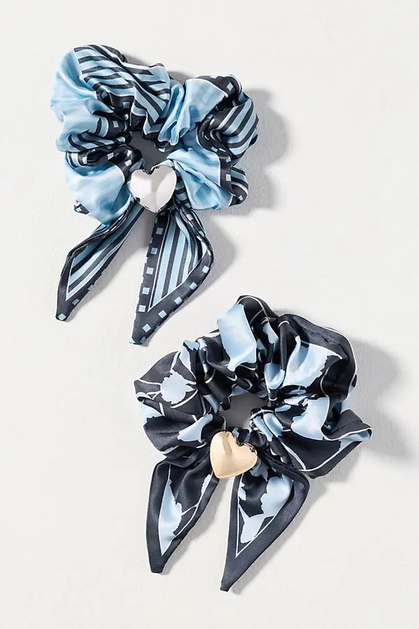 Anthropologie Scarf Hair Scrunchie - Blue Floral / Blue Stripe