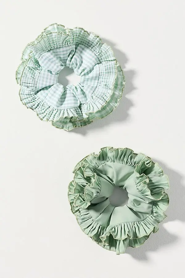 Anthropologie Gingham Scrunchies Set Of 2 - Green Gingham/gren Solid