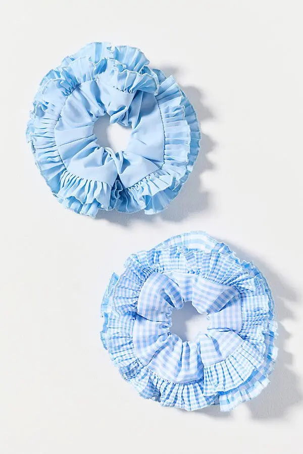 Anthropologie Gingham Scrunchies Set Of 2 - Light Blue