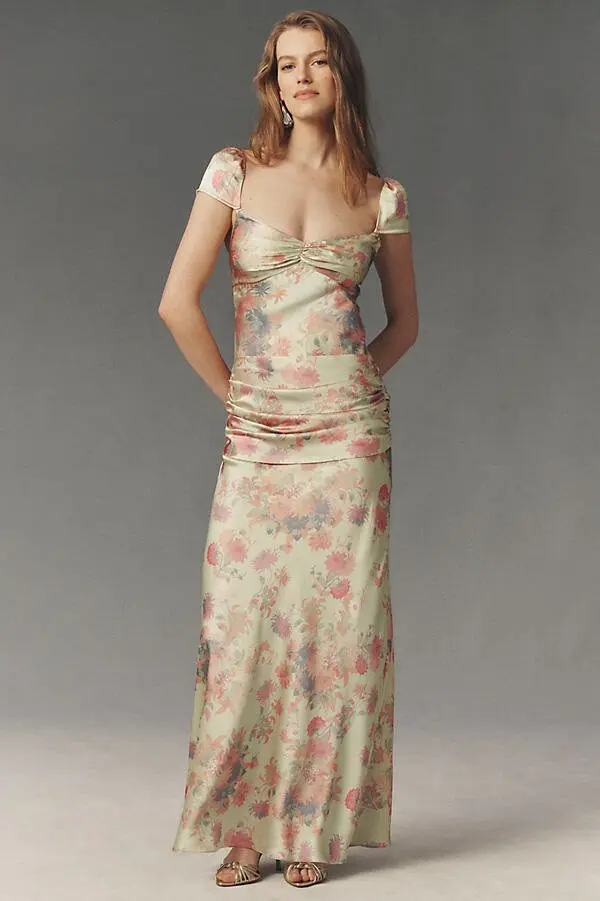 Bhldn June Ruched Maxi Slip Dress - Pistachio Wildflowers