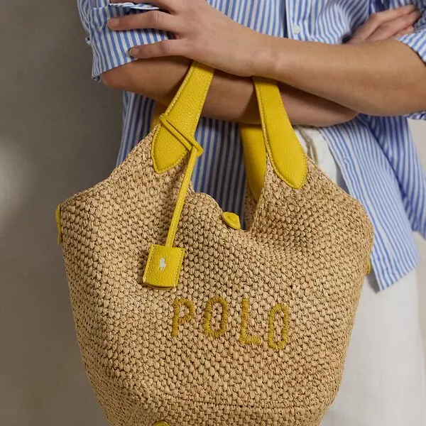 Ralph Lauren Polo Play Raffia-leather Logo Tote - Natural/canary Yellow