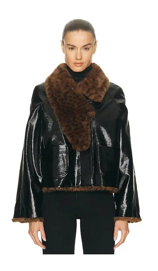 REVOLVE X JJ Pu Leopard Print Jacket - Black