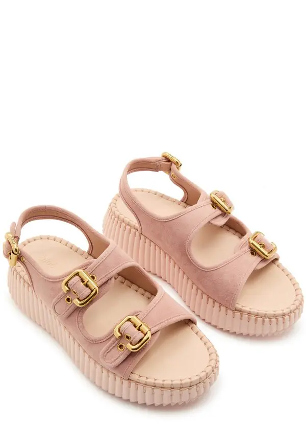 Chloé Whipstitched Suede Wedge Sandals - Rose