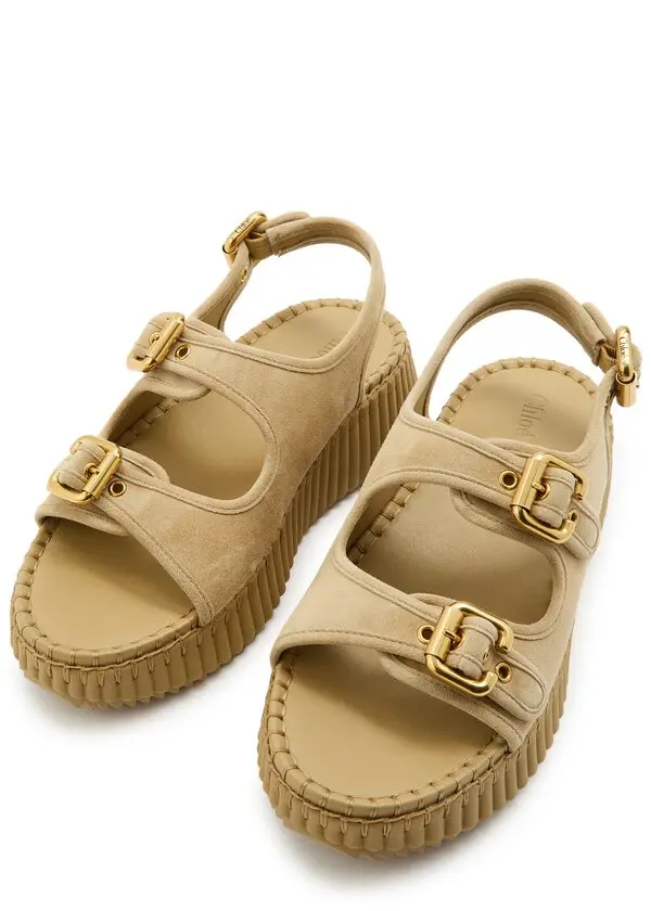 Chloé Whipstitched Suede Wedge Sandals - Sand