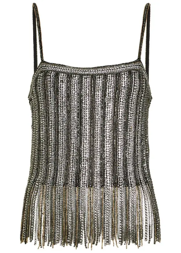 Alice + Olivia Embellished Fringed Stretch-mesh Top - Black