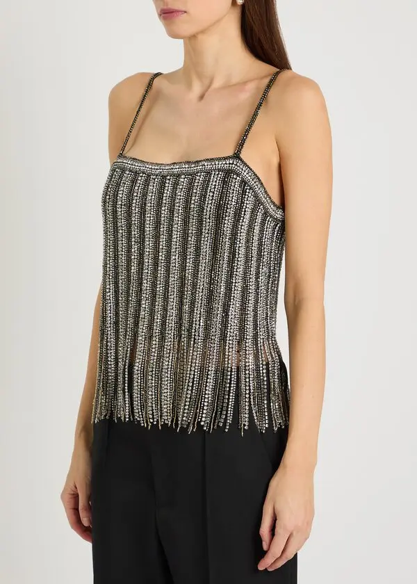 Alice + Olivia Embellished Fringed Stretch-mesh Top - Black