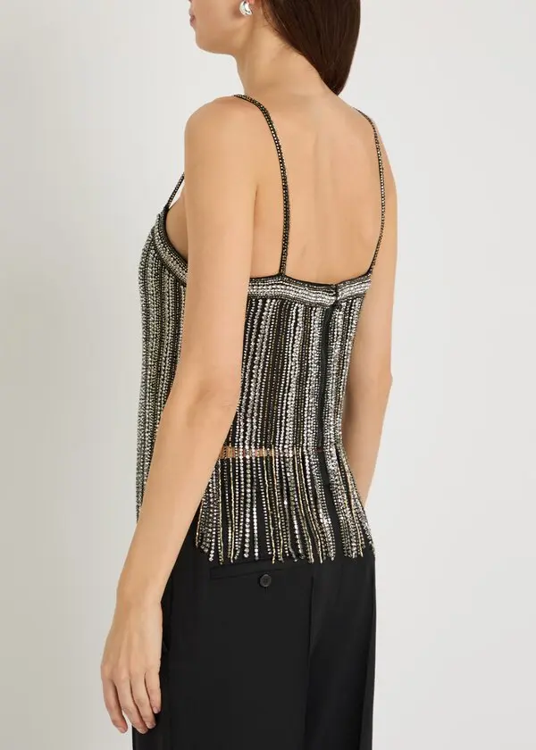 Alice + Olivia Embellished Fringed Stretch-mesh Top - Black
