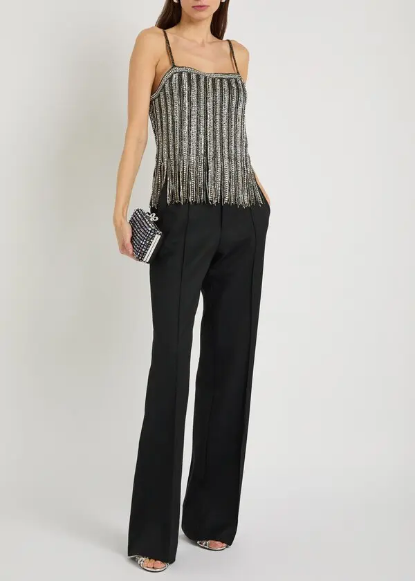 Alice + Olivia Embellished Fringed Stretch-mesh Top - Black