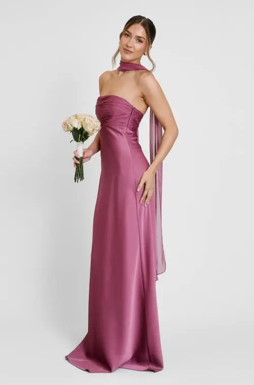 SIX STORIES Chiffon Bandeau Satin Maxi Dress