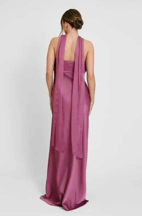 SIX STORIES Chiffon Bandeau Satin Maxi Dress