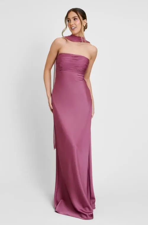 SIX STORIES Chiffon Bandeau Satin Maxi Dress