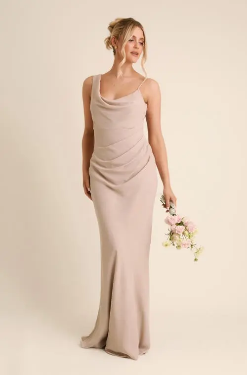 SIX STORIES Cowl Front Chiffon Bridesmaid Dress - Truffle