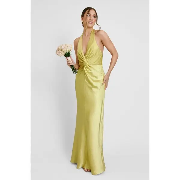 SIX STORIES Plunge Knot Neck Scarf Maxi Dress - Chartreuse