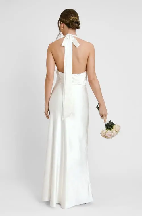 ivory dress with neck scarf Imogene Scarf-Detail Strapless Gown in Ivory