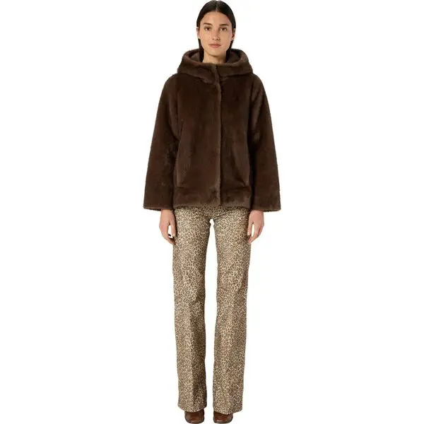Gerard Darel Morgane Hooded Faux Fur Coat - Cigar